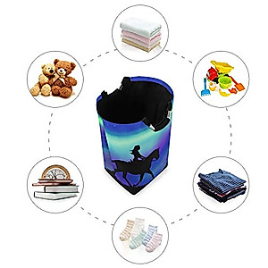 N/ A Collapsible Laudry Basket Large Foldable Laundry Hamper - Girl On Running Horse Northern Lights Starry Sky Bathroom Clothes Bag Waterproof Washing Bin