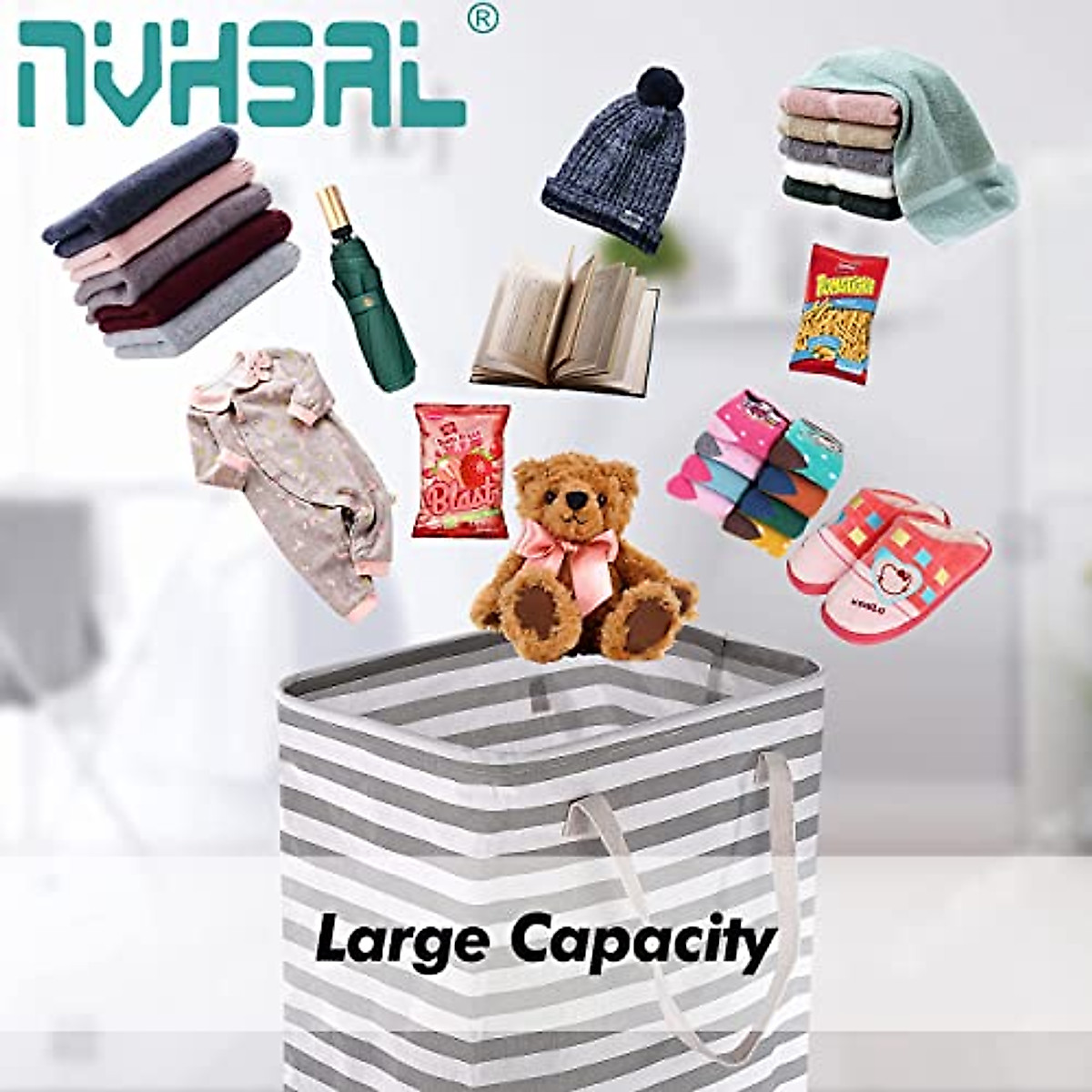 Collapsible Laundry Hamper with Handles, Large Laundry Basket 75L Freestanding Square Storage Bin Towels Toy Clothes Organizer Canvas Waterproof Laundry Baskets for Home Travel School (Grey White)