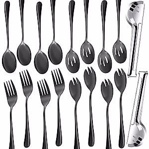 18 Pieces Stainless Steel Serving Utensils Set, Large Serving Spoons Serving Forks Serving Tongs Soup Ladle Salad Spoon Buffet Serving Utensils for for Kitchen Party Supply Dishwasher Safe, Black