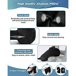 JefDiee Neck Pillows for Travel, Travel Pillow for Neck, Chin, Head Support, Airplane Pillow with Soft Washable Velour Cover, Hat, Portable Luxury Bag, 3D Sleep Mask and Earplugs (Black)