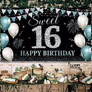 16th Birthday Decorations, Sweet 16 Birthday Backdrop Banner for Girls Boys, Teal Silver Sweet Sixteen Party Background, Turquoise 16 birthday Sign Poster for Outdoor Indoor, Fabric 6.1ft x 3ft PHXEY