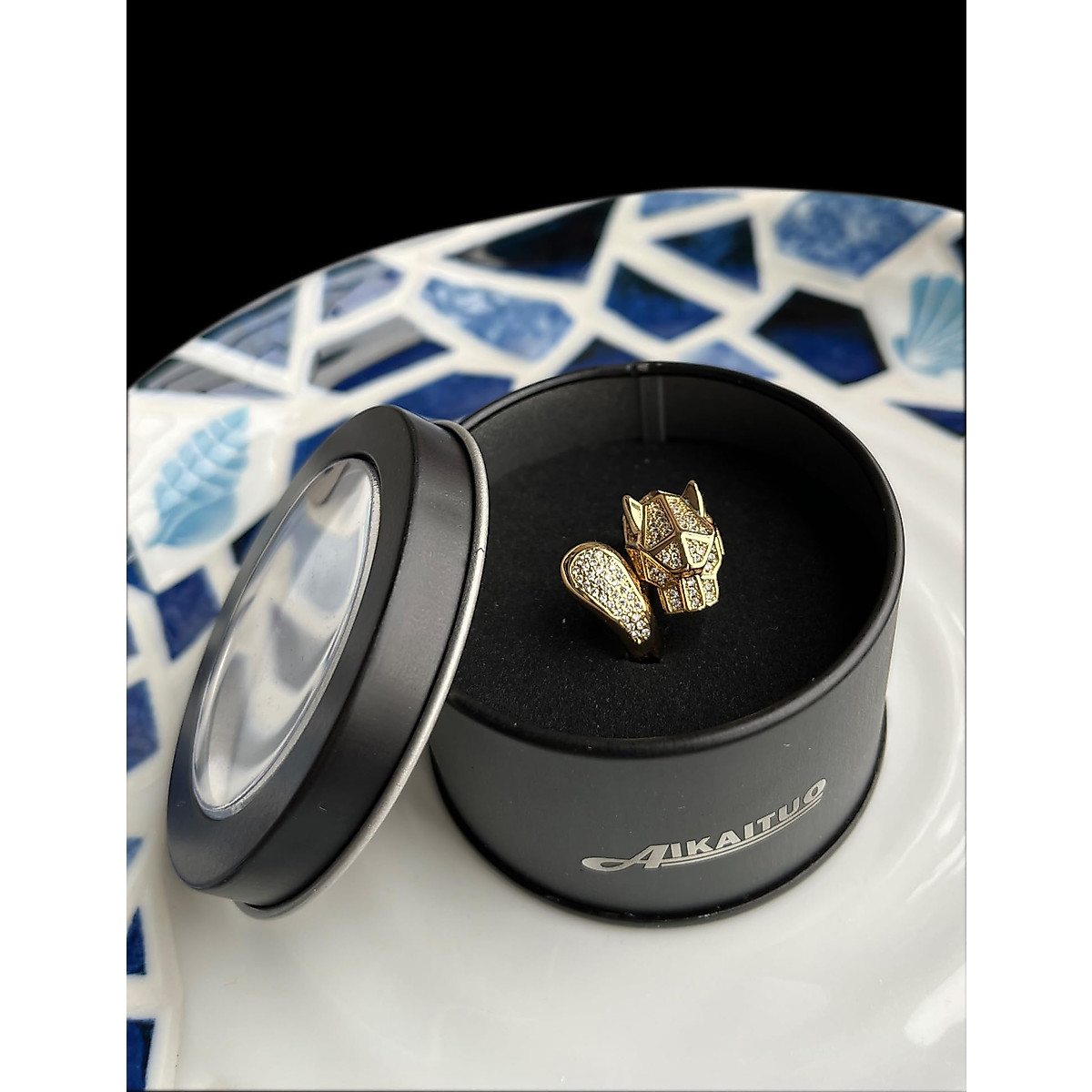 AIKAITUO 14K Gold Transparent Crystal Rhinestone Cheetah Leopard Head Ring Adjustable Statement-ring for Women