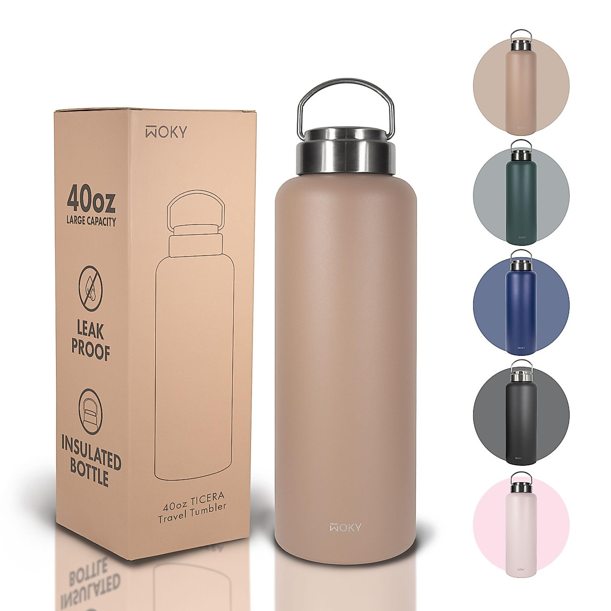 WOKY TICERA 40oz Titanium Ceramic Coated Tumbler - Stainless Steel Vacuum Insulated Water Bottle, Leak-Proof, Hook Handle Lid - Ideal for Gym, Travel, and Everyday Use (Mocha)