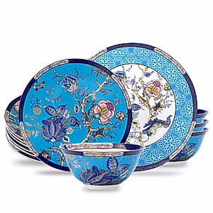 ACMLIFE Bone China Dinnerware Set for 4, 12-Piece Vintage Floral Dinnerware Set, Kitchen Plates and Bowls Set, Christmas Gifts for Women (Blue A)