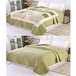 KINBEDY 100% Cotton Quilts Twin Size Green Floral Patchwork Bed Quilt Reversible Quilted Blankets Coverlets Bed Throws for Couch Sofa, 60"x80"