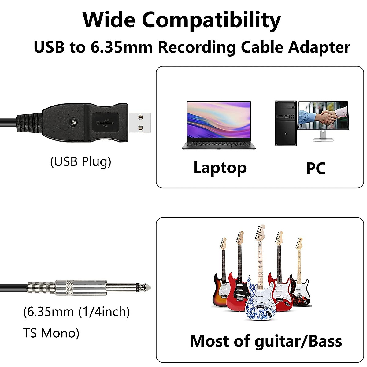 GELRHONR USB Guitar Cable,USB 2.0 Male to 6.35mm (1/4inch) TS Mono Electric Guitar Converter Cable for Guitar to Computer Music Recording-3M/10Ft