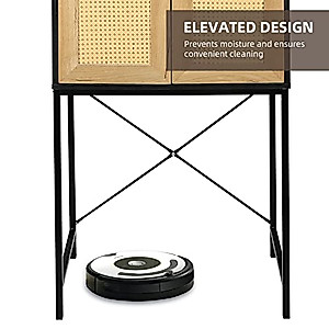 Origeture Storage Cabinet with Doors and Shelves, 3-Tier Buffet Cabinet Sideboard Wood Cabinet, Rattan Console Table Cupboard with X-Shaped Steel Bracket for Dining Room, Kitchen, Living Room, Bedroom