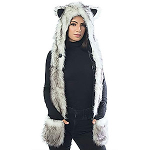 White Wolf Hood Faux Fur Hat with scarfs mittens & paws 3 in 1 by Hatbutik