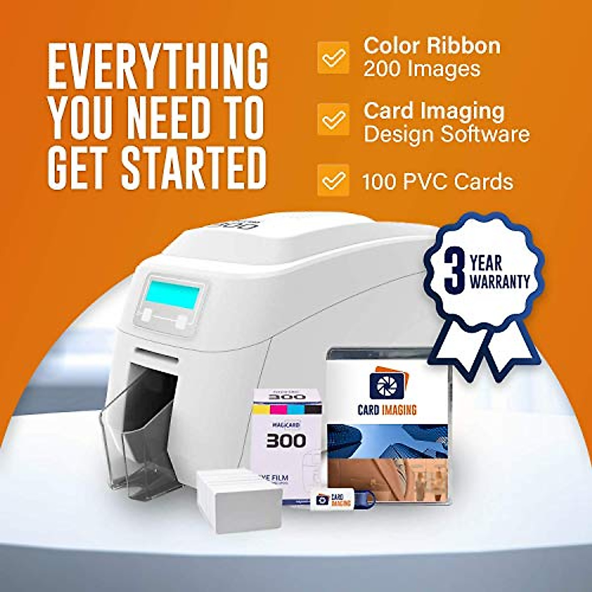 Magicard 300 Dual Sided ID Card Printer & Supplies Bundle Badge Maker Machine (3300-0021)