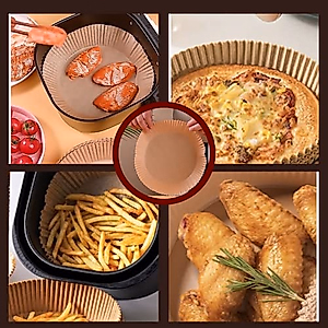 Pack of 128pcs having 100pcs Airfryer Liners 6.3inch with 1pc Silicone Brush, 7pc Compressed Towels And 20pc Disposable plastic gloves for kitchen, Air Fryer Disposable and Non-Stick Paper Liners.