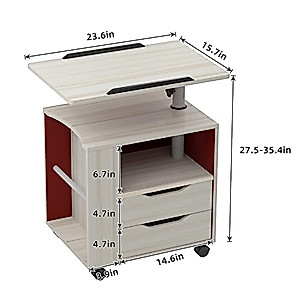 SogesHome Height Adjustable Nightstand with Lockable Wheels, Over-Bed Movable Bedside Table with 2-Drawers, Bedroom Side Storage Cabinet with 1-Open Cube, Maple
