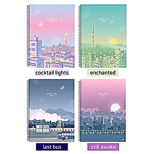Cute Korean Aesthetic Blank Unlined Spiral Planning Drawing Notebook/Journal for girls, Women, College, School - 130 p each, 7.4” x 10.2”, 4 Count (cocktail lights, enchanted, last bus, still awake) + 1 dalgaru sticker sheet