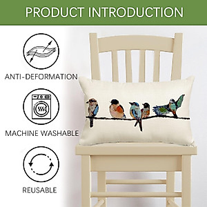 RABUSOFA 12x20 Lumbar Pillow Decorative Throw Pillows,Small Hand-Painted Outdoor Birds Pillowcases,Spring Summer Pillows Decorative Throw Cushion Covers Linen for Couch Sofa Teal Blue