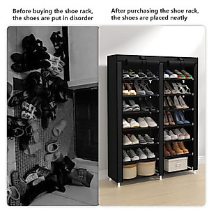JIUYOTREE 7-Tier Shoe Rack with Dustproof Cover Shoe Storage Organizer Closet Shoe Cabinet Shelf Hold up to 28 Pairs of Shoes for Doorway Corridor Balcony Living Room Black
