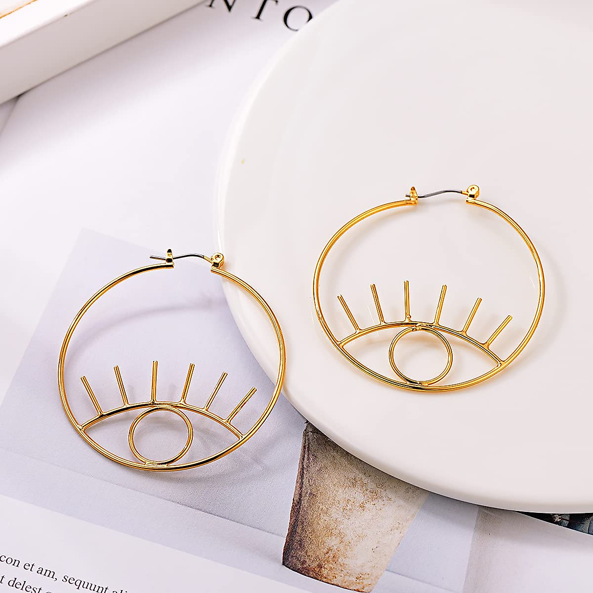 FOCALOOK Gold Eye Earrings for Women 18K Gold Plated Dangle Abstract Evil Eye Hoop Earrings