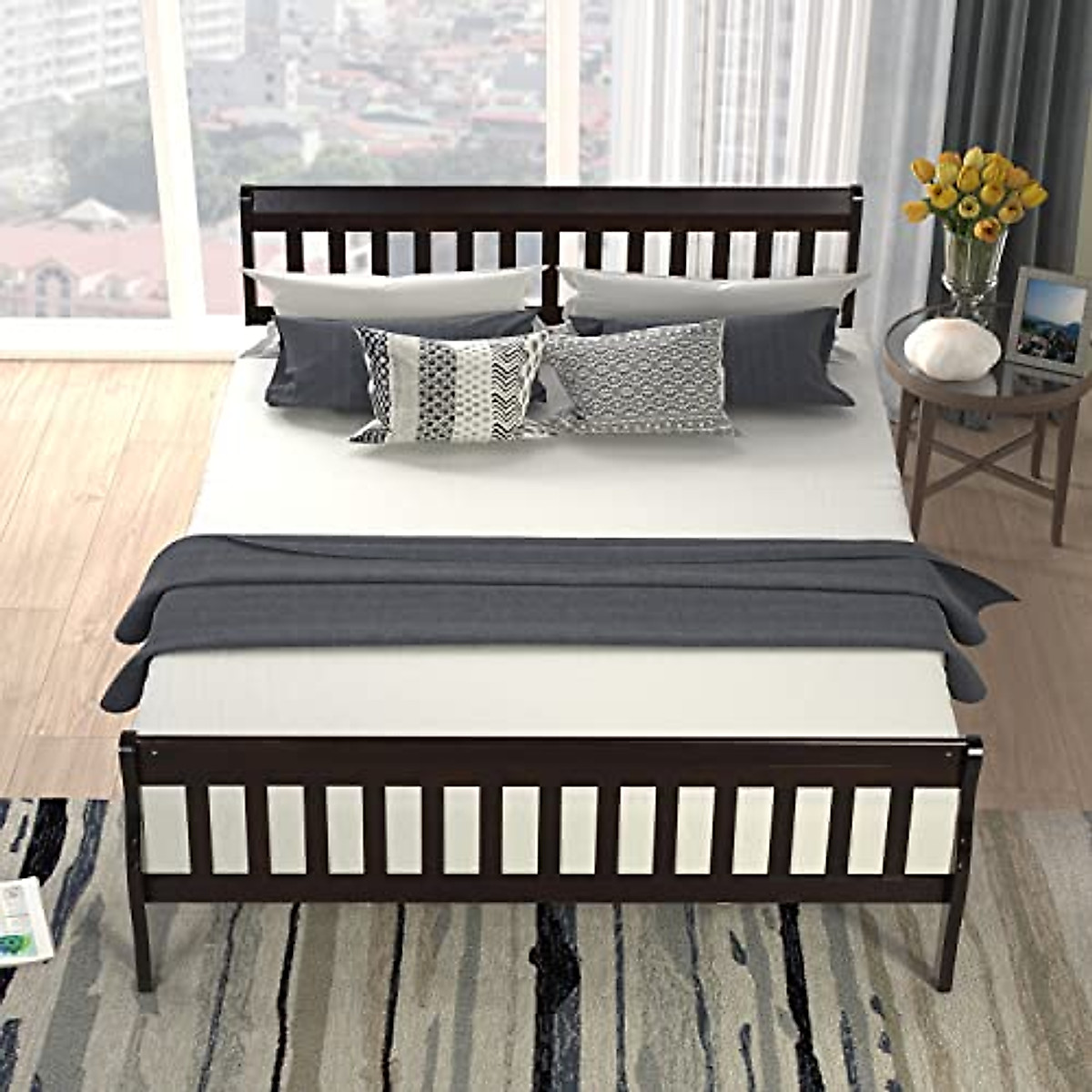 Prohon Queen Platform Bed with Vertical Openwork Design Headboard & Footboard, Large Underbed Storage Space, Simple Style Wooden Bedframe for Kids Teen Adults, No Box Spring Needed, Espresso