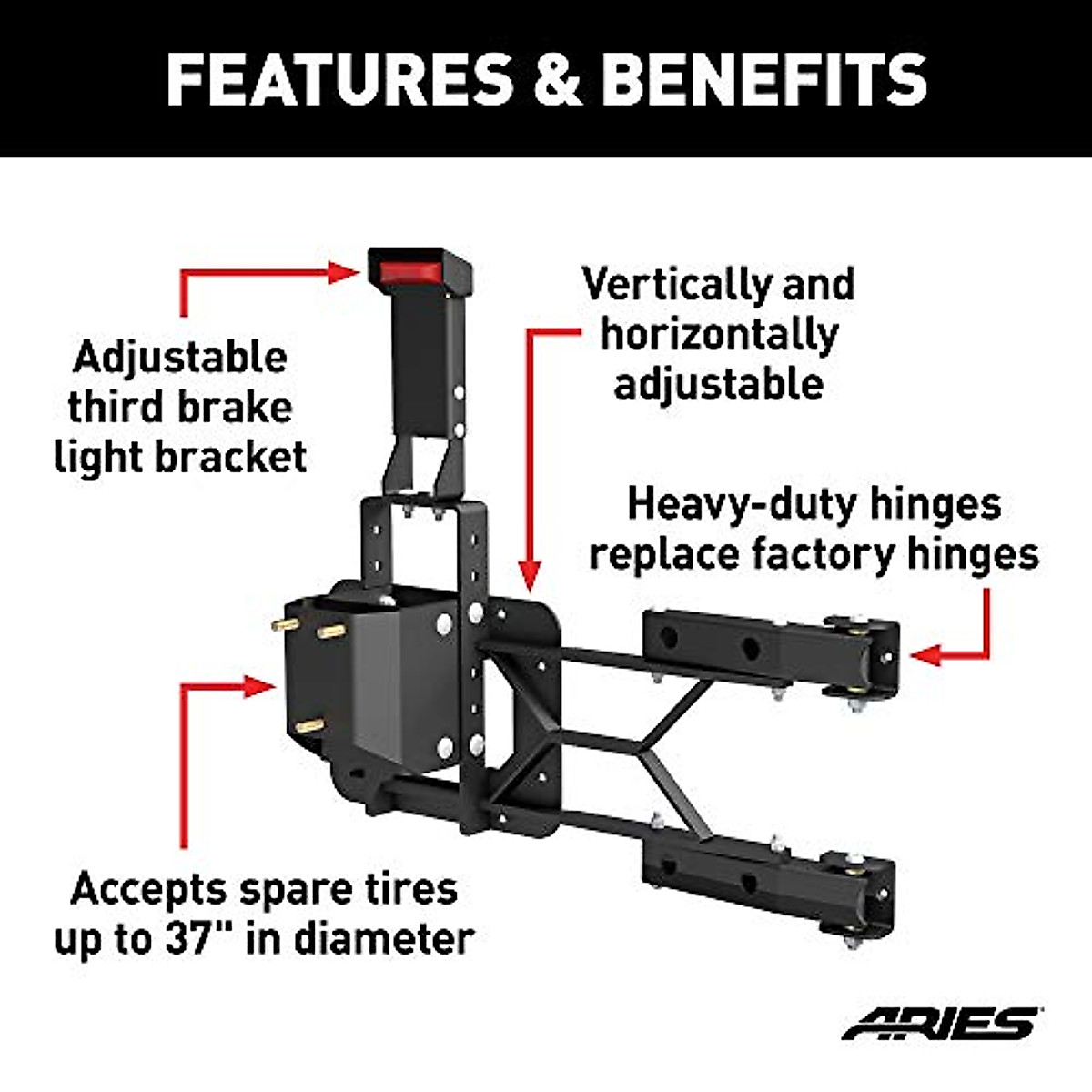 ARIES 2563000 Jeep Wrangler JK Heavy-Duty Adjustable Rear Door Spare Tire Carrier for Up to 37-Inch Wheels