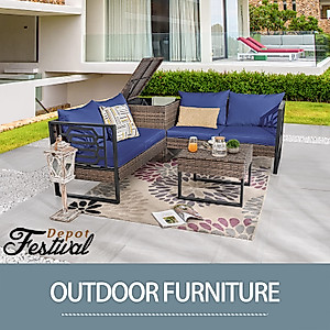 Festival Depot Patio Conversation Set, PE Wicker Four-Seater Corner Conjoined Storage Box Sofa Set, All-Weather Outdoor Furniture with Cushions Rattan Coffee Table for Backyard Garden Indoor (Blue)