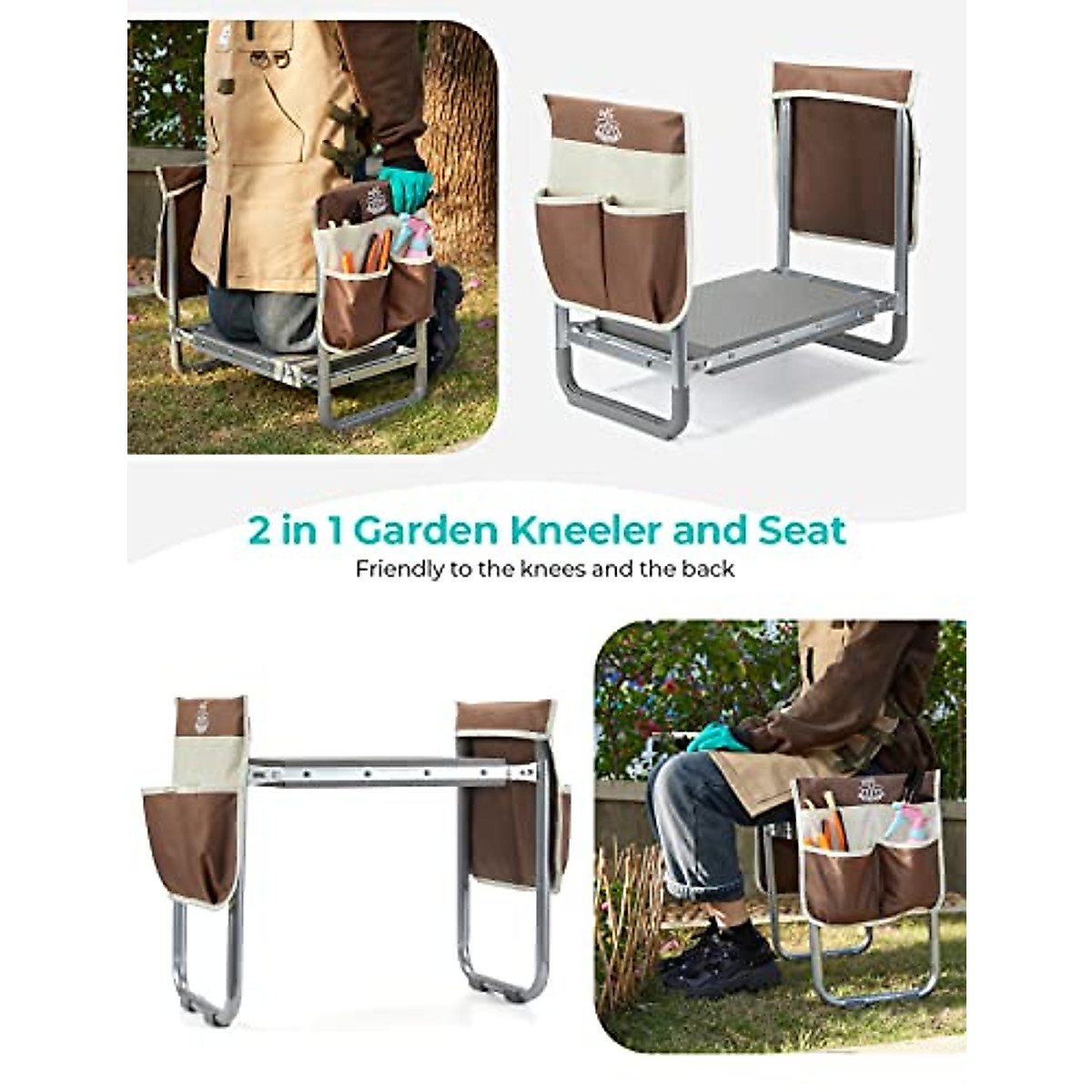 DEERFAMY Garden Stool, Garden Kneeler and Seat Load Capacity 350 Lbs, Folding Garden Chair for Kneeling and Sitting, Heavy Duty Kneeling Bench with Extra Kneeling Pad, 2 Tool Pouches, Digging Gloves