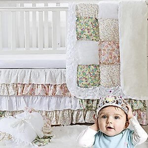 Brandream Luxury Girls Nursery Bedding Farmhouse Floral Crib Bedding Patchwork Baby Blanket Set, 4 Piece Cotton Layered Ruffle Set Pink White Green
