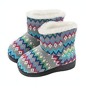 Anddyam Kids Fuzzy Warm Soft Boot Slipper Non-Slip House Shoes Outdoor Indoor Winter Knitted Cozy Warm Girls Boys Slipper Big Kid 4-6 blue