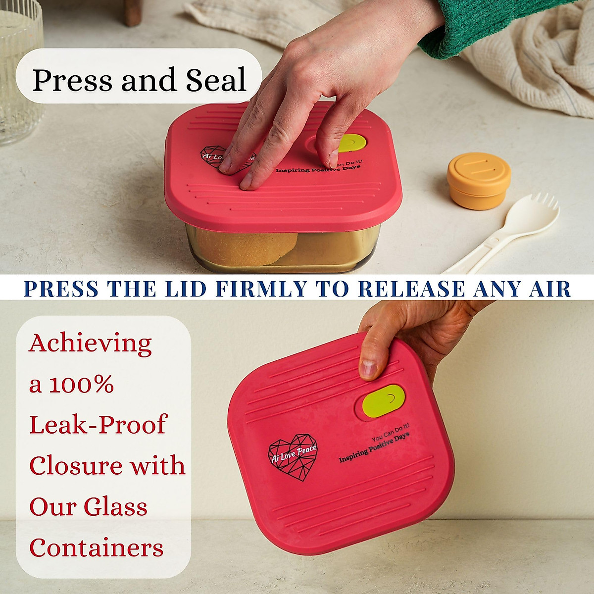 AI LOVE PEACE Glass Lunch Containers for Women Adults, Microwave Safe Glass Lunch Box, Leak Proof BPA-Free, Durable, Built-in Vent - Ideal for Meal Prep & On-the-Go Lunches (red)