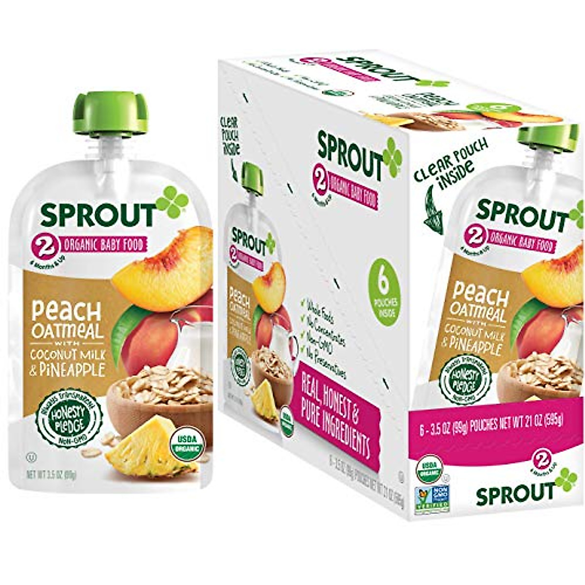Sprout Organic Stage 2 Baby Food Pouches, Peach Oatmeal w/ Coconut Milk & Pineapple, 3.5 Ounce (Pack of 6)