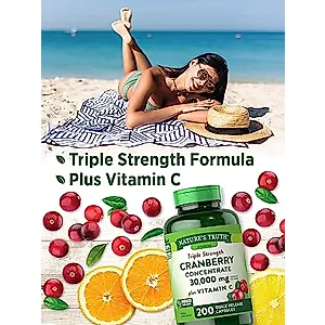 Cranberry Concentrate Plus Vitamin C | 30,000mg | 200 Quick Release Capsules | Non-GMO & Gluten Free Supplement | by Nature's Truth