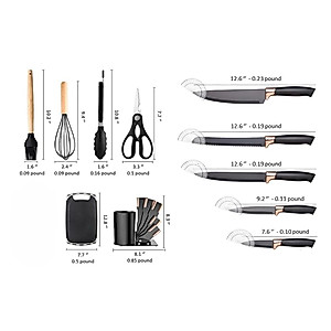 Kitchen Cooking Utensils Set, 19 pcs Non-Stick Silicone Cooking Utensils and Knife Sets with Holder,Ultra sharp Chef knives, Scissors and Cutting Board,Heat Resistant,Turner, Spatula,Wooden Handle