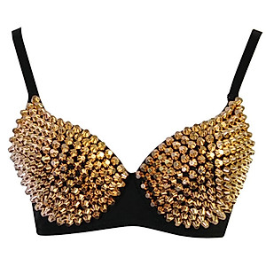 Generic Womens WomenS Studded Rivets Bras Punk Push Up Tops Underwear For Party Club Sexy Gothic Metallic Bra Clubwear Golden,Large
