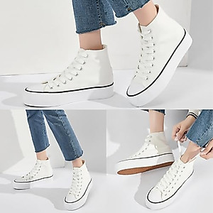 FRACORA Womens High Top Canvas Shoes White Black Platform Sneakers Lace Up Shoes for Women Casual(White,US8)