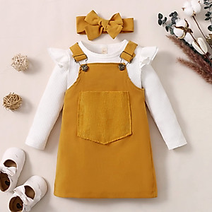 Fall Outfits for Girls Baby Knit Rib T-Shirt Top Kids Long Sleeve Suspenders Overalls Dress Skirt Headband Infant Toddler Winter Clothes Spring 1st Birthday Cake Smash Photo Shoot Pink 18-24 Months