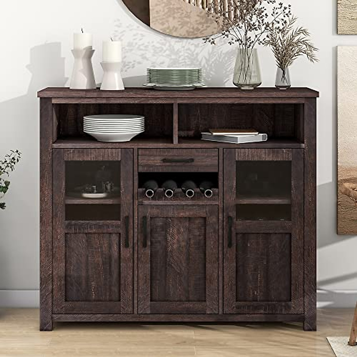 Goohome 47.20" Wine Rack, Retro Style Kitchen Sideboard Cabinet Buffet Table with Storage Drawers & Adjustable Shelves, for Living Room Entryway, Espresso