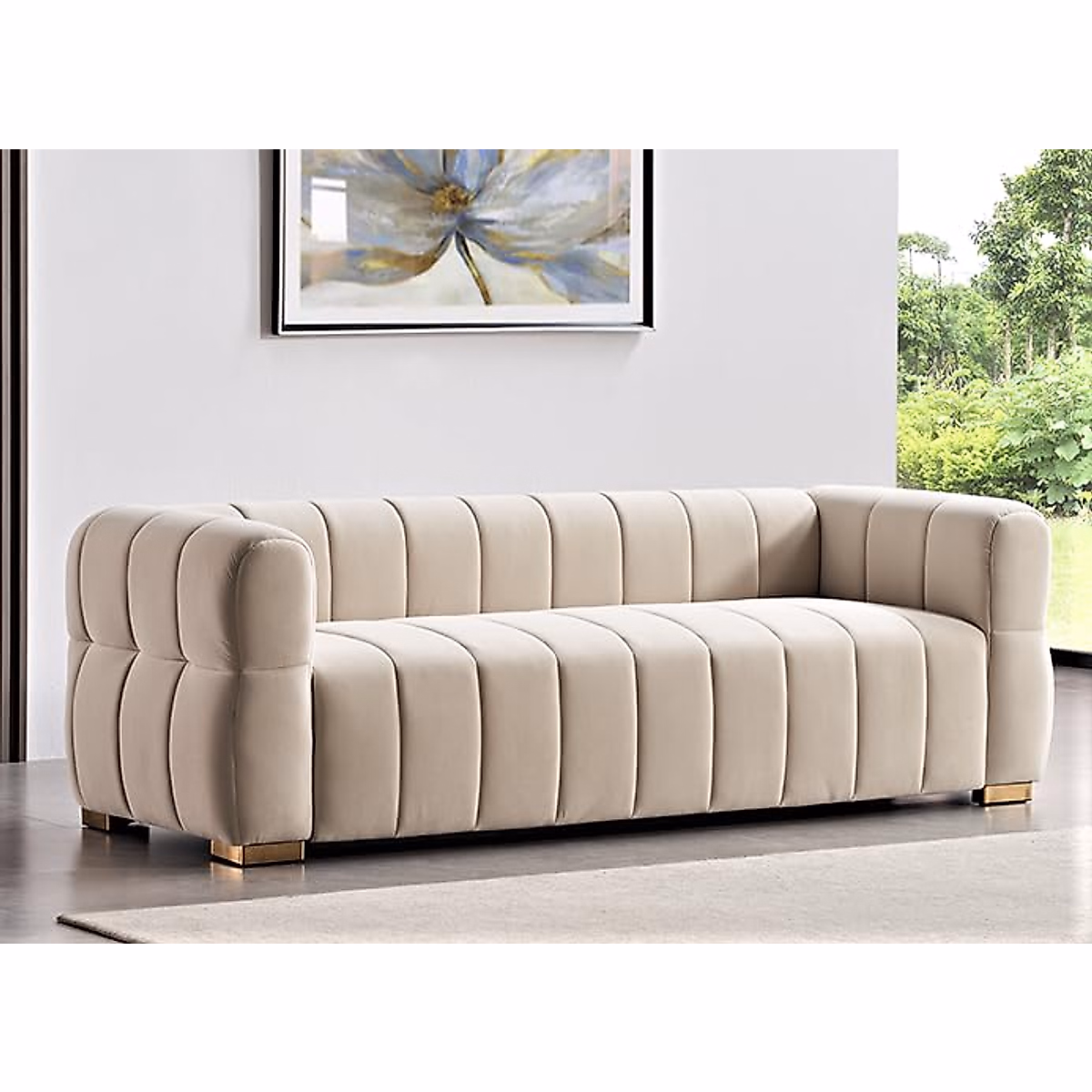 Container Furniture Direct Art Deco Velvet Sofa with Tufted Low Back Design, Sophisticated 3 Seater Couch for Living Rooms, 89 Inch Wide, Easy Assembly, Beige