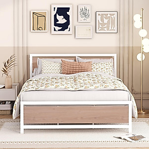 FANYHOME Queen Size Platform Bed, Metal and Wood Bed Frame with Headboard and Footboard, White