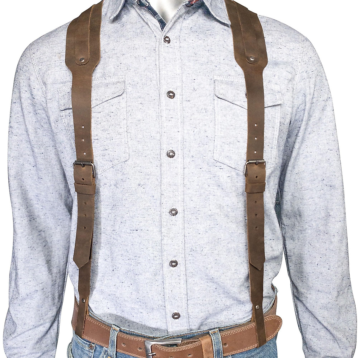 Hide & Groom, Riveted Suspenders with Adjustable Size Straps, Handmade from Full Grain Leather - Bourbon Brown