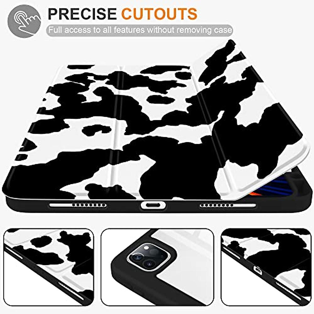 MEEgoodo Case for iPad Pro 12.9 Case M2 6th/5th/4th/3rd Generation 2022 2021 2020 2018, Tablet Cases with Clear Transparent Acrylic Back Shell, Black & White Piebald