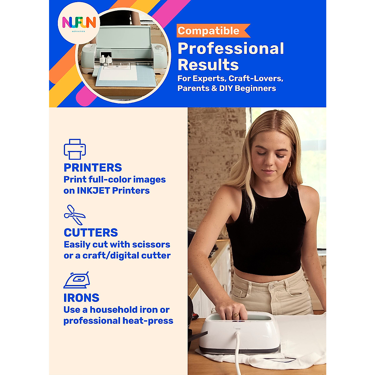 NuFun Activities Heat Transfer Paper for T Shirts, Light Fabrics, Inkjet Printable Iron-On Heat, 8.5 x 11 inch, Make Your own Custom T-Shirt (6 Sheets)