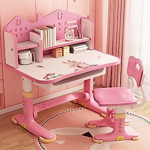 Kids Adjustable Study Desk & Chair Set, Pink Girl Desk, Child Toddler Homework Table, Princess Children Preschool Desk for Computer Writing Homework, Escritorio Mesas para Niña (Pink 1)