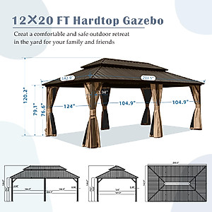 Domi 12' x 20' Hardtop Gazebo Permanent Metal Gazebo with Galvanized Steel Double Roof, Curtains and Netting for Party, Wedding, Outdoor Dining, Patio, Backyard, Brown