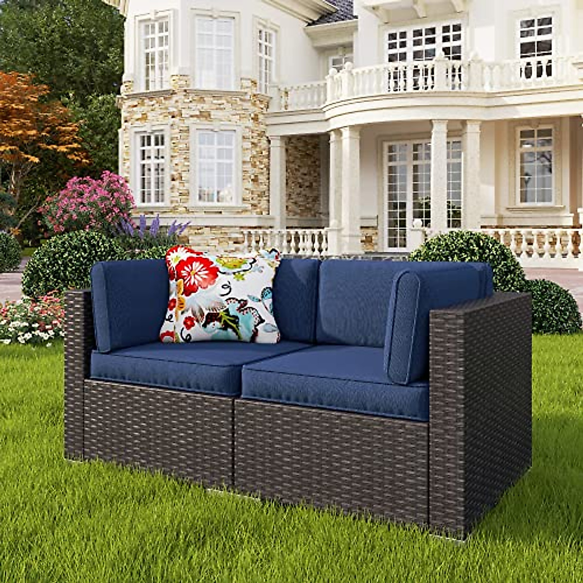 PHI VILLA 2-Piece Patio Loveseat Sofa Set with Cushions, All-Weather Use Outdoor Rattan Sectional Sofa (Navy Blue)
