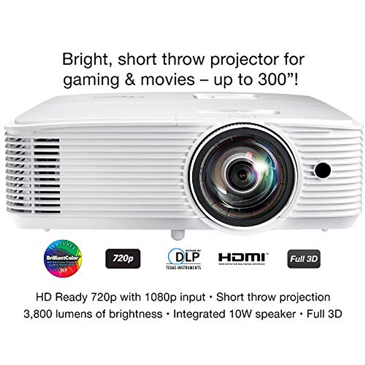 Optoma GT780 Short Throw Projector for Gaming & Movies | HD Ready 720p + 1080p Support | Bright 3800 Lumens for Lights-on Viewing | 3D-Compatible | Speaker Built In