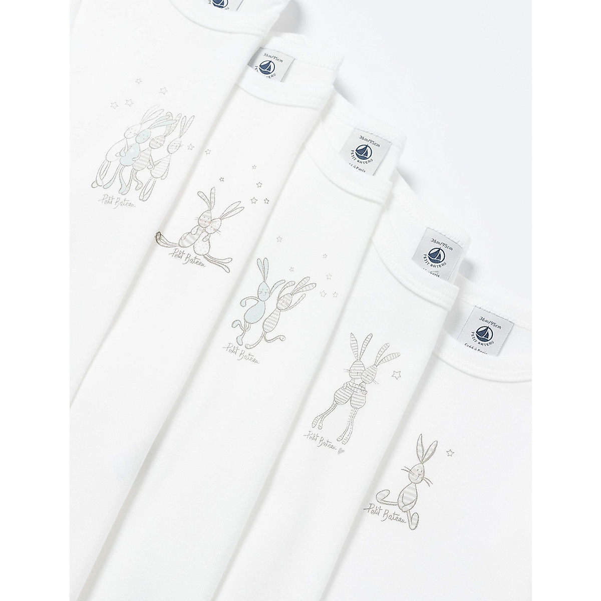 PETIT BATEAU UNISEX Babies' Rabbit Themed Long-Sleeved Cotton Bodysuits - 5-Pack STYLE A00SX SIZES 1-36 MONTH (SIZE 12 MONTH STYLE A00SX)