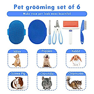 Rabbit Grooming Kit with Slicker Rabbit Brush Bath Massage Glove Brush Pet Shedding Comb Nail Clipper Trimmer 6 Piece Set for Bunny Kitten Guinea Pig Cat Chinchilla Ferret Small Animals