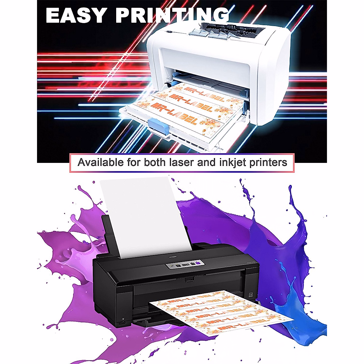 Mr-Label 8.11"×2" Waterproof Matte White Water Bottle Labels – for Inkjet/Laser Printer – Self-Adhesive Wraparound - for Wedding|Baby Shower|Corporate Event (10 Sheets Total 50 Labels)