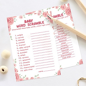 OLOUTAB 50 Baby Shower Games for Girl-Baby Shower Word Scramble Game,Floral Theme, Thick Cardstock, Fun and Easy to Play,Hilarious Baby Shower Games(with Answer)