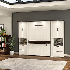 Bestar Lumina 107W Full Murphy Bed with Desk and 2 Storage Cabinets in White Chocolate, Sleeping Arrangement with Drawers