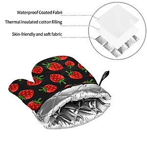 Oven Mitts and Pot Holders Sets 4 Piece, Strawberry On Black Background Oven Gloves Heat Resistant Non-Slip for Kitchen Cooking Grilling Baking