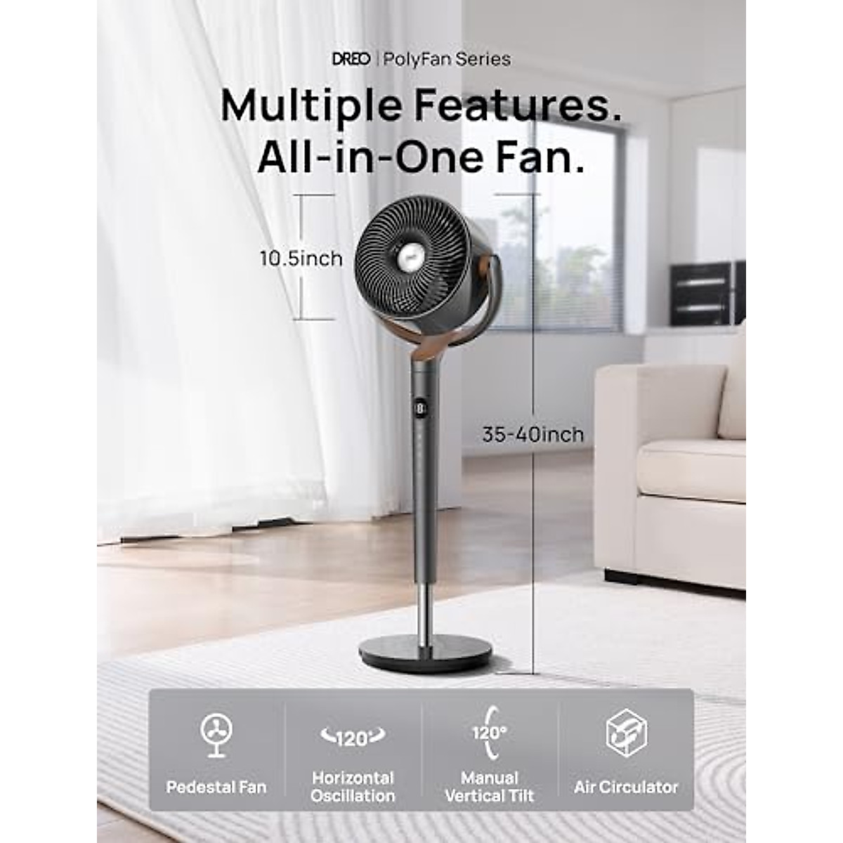 Dreo Smart Fan for Bedroom, 120° Oscillating Standing Fan, DC Motor, Quiet Pedestal Fans, 8 Speeds, 6 modes, 23dB Low Noise, Floor Fan for Whole Room, 35-40'' Adjustable Height, with Wi-Fi/Voice