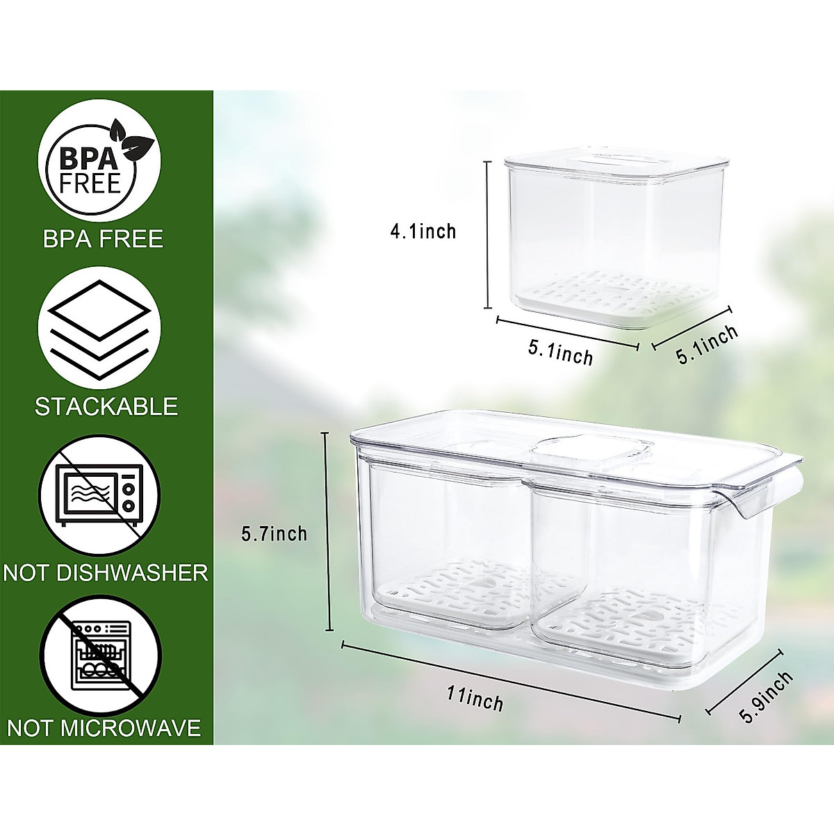 REFSAVER Fridge Storage Containers Produce Saver Stackable Refrigerator Organizer Bins with Removable Drain Tray Fridge Organizer for Fruits and Vegetables 3 Pack